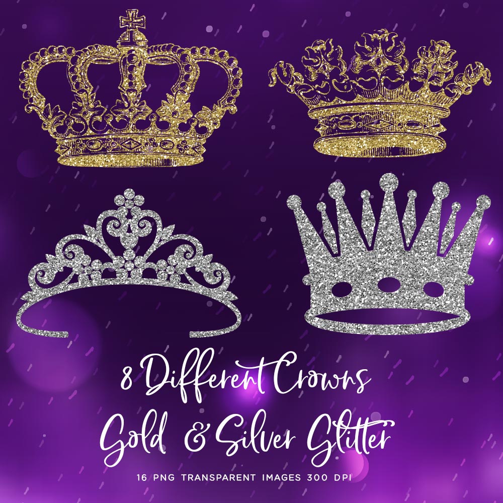 Crowns 8 Different Crowns Gold & Silver Glitter - PNG Transparent Imag ...
